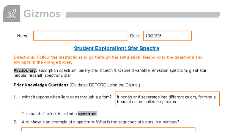 Gizmo: Student Exploration of Star Spectra and Classification - Studocu