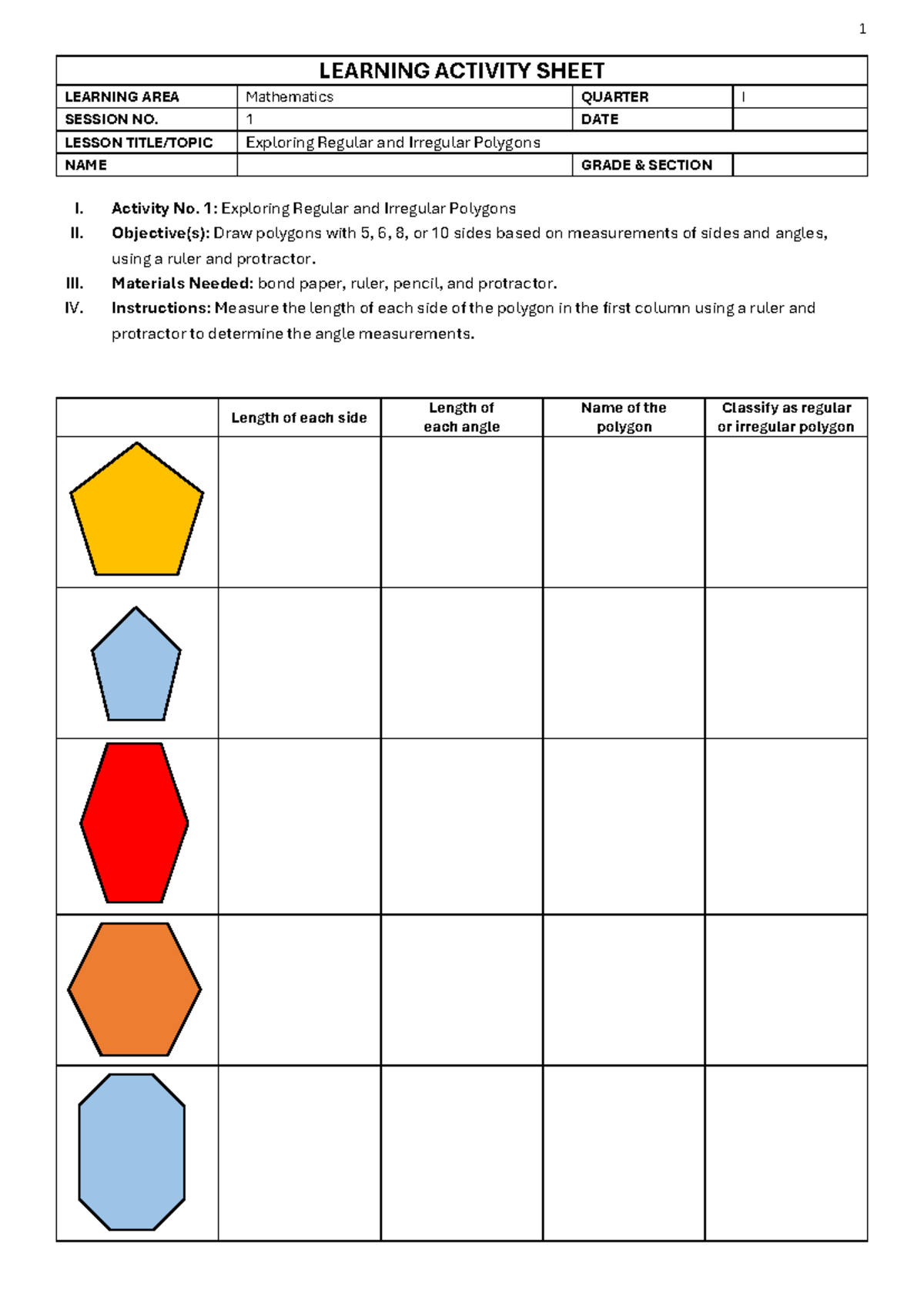 Mathematics Learning Activity Sheet: Regular & Irregular Polygons - Studocu