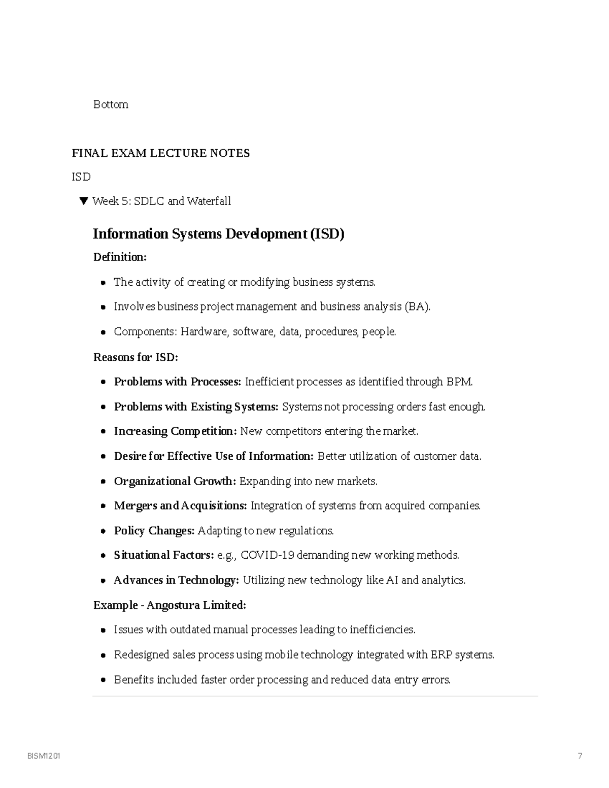 BISM1201 Final Exam Lecture Notes: ISD, SDLC, and Waterfall Methodology ...