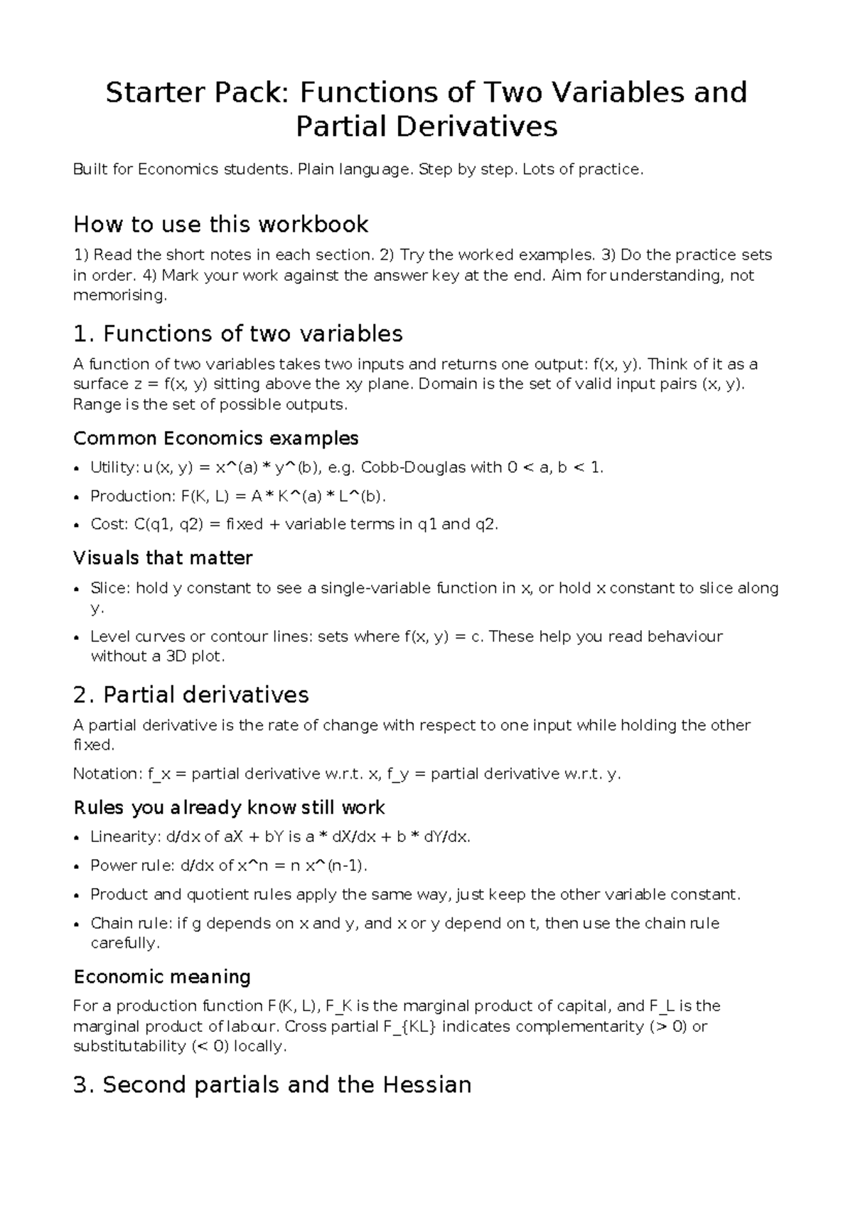 Starter Pack: Functions of Two Variables & Partial Derivatives for ...