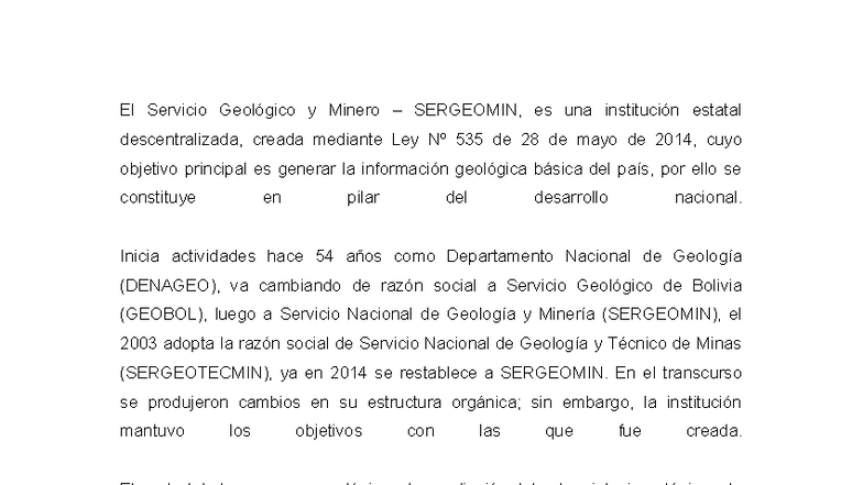 Trabajo Minero: Análisis del SERGEOMIN y su Impacto en Bolivia - Studocu