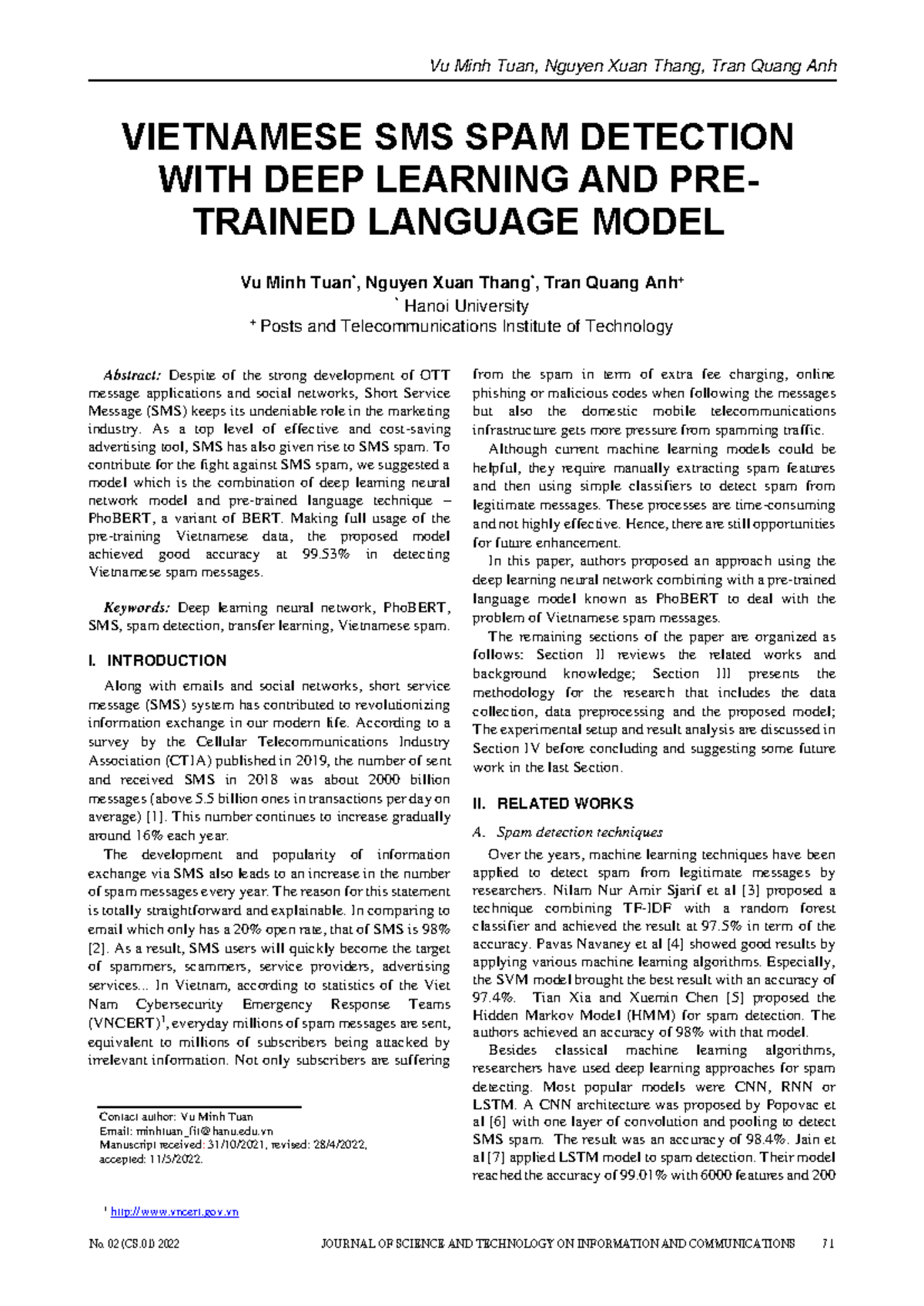 Vietnamese SMS Spam Detection Using Deep Learning & PhoBERT (CS.01 ...