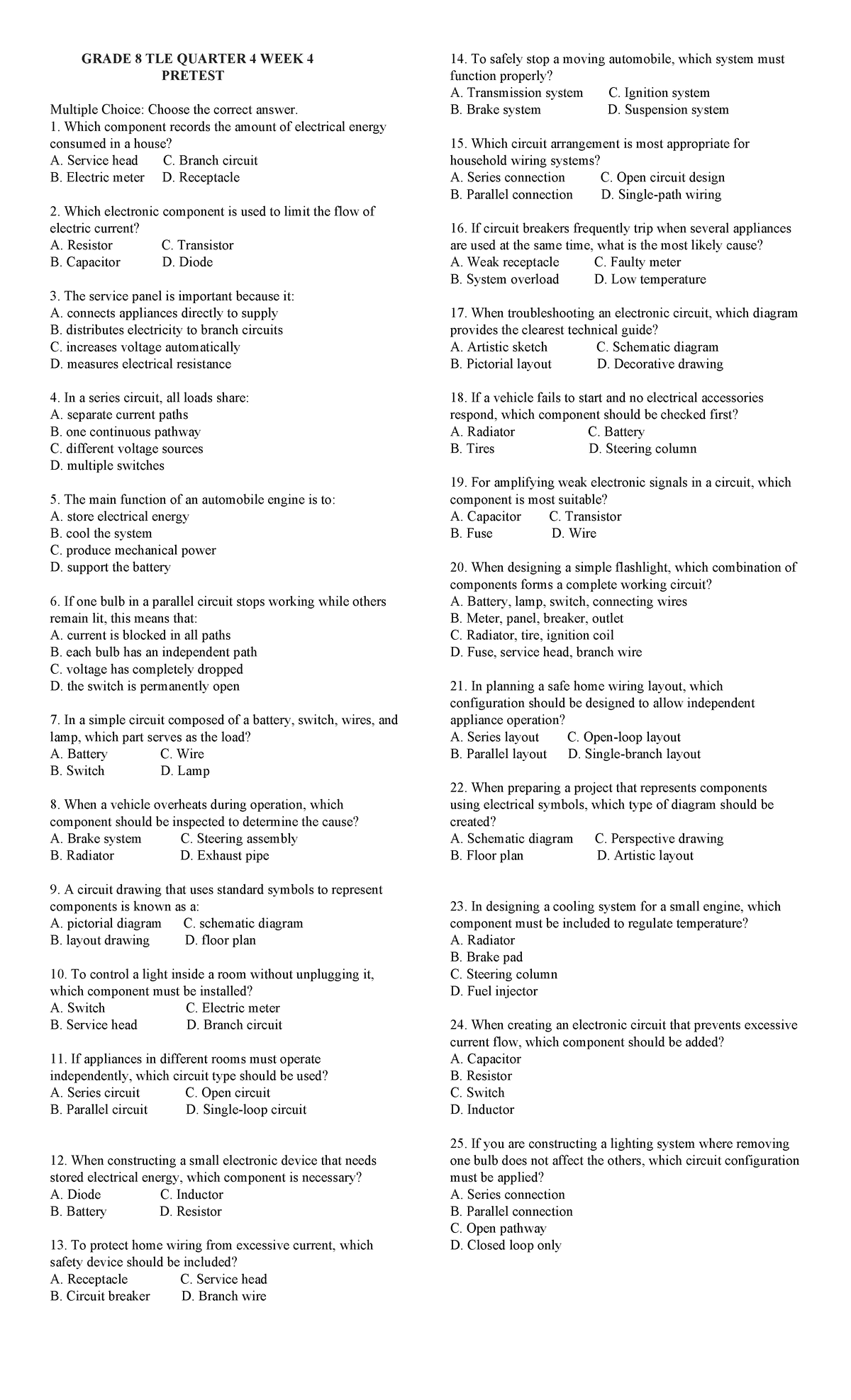 GRADE 8 TLE Q4 W4 PRETEST: Electrical Components & Circuits - Studocu