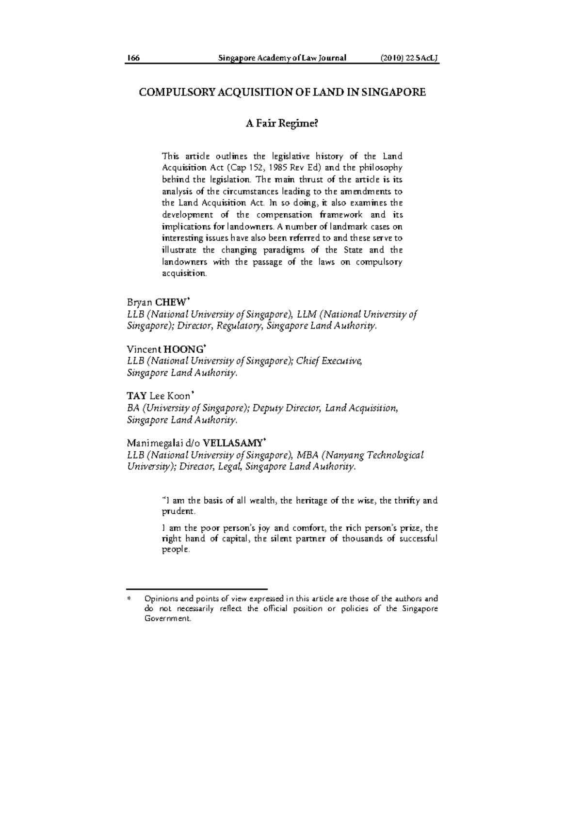 Compulsory Acquisition of Land in Singapore: A Fair Regime? (2009 ...
