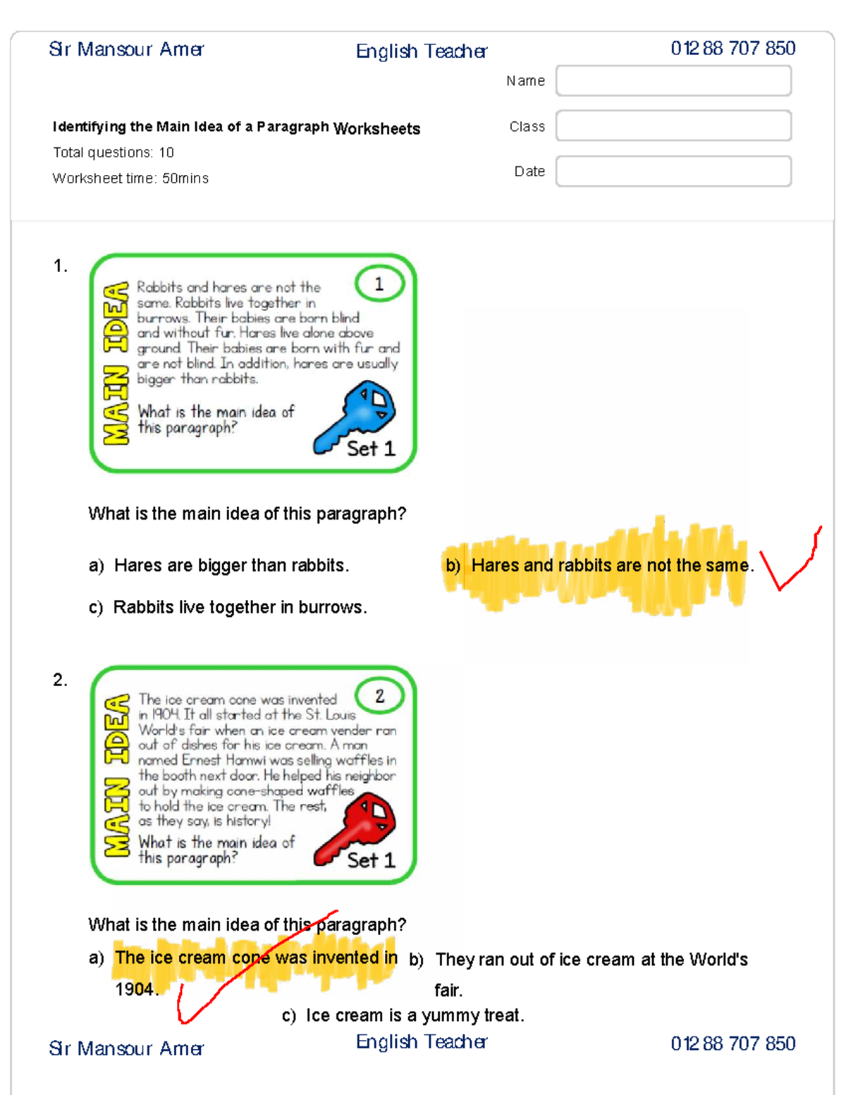 Identifying Main Ideas: Worksheets by Sir Mansour Amer (Class 012 88 ...