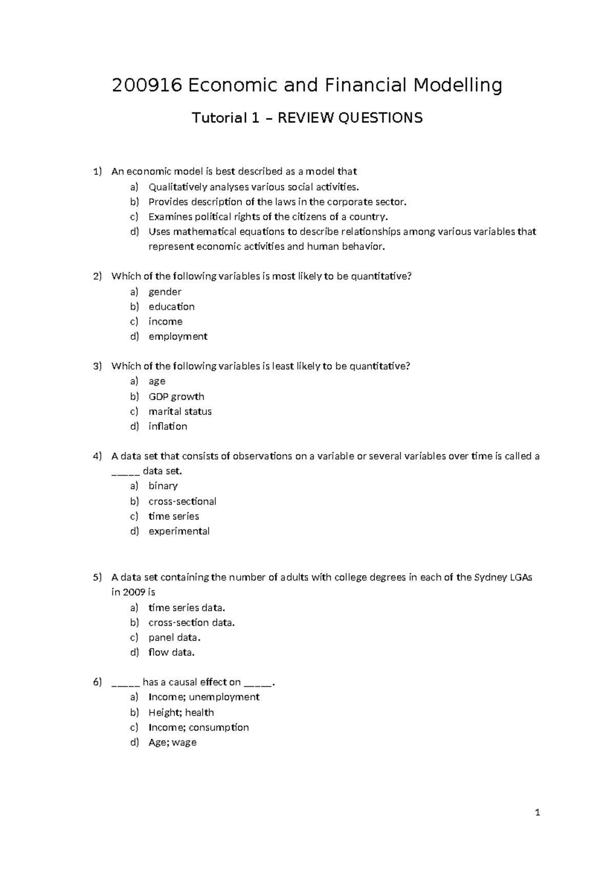 200916 Economic and Financial Modelling Tutorial 1 Review Questions ...