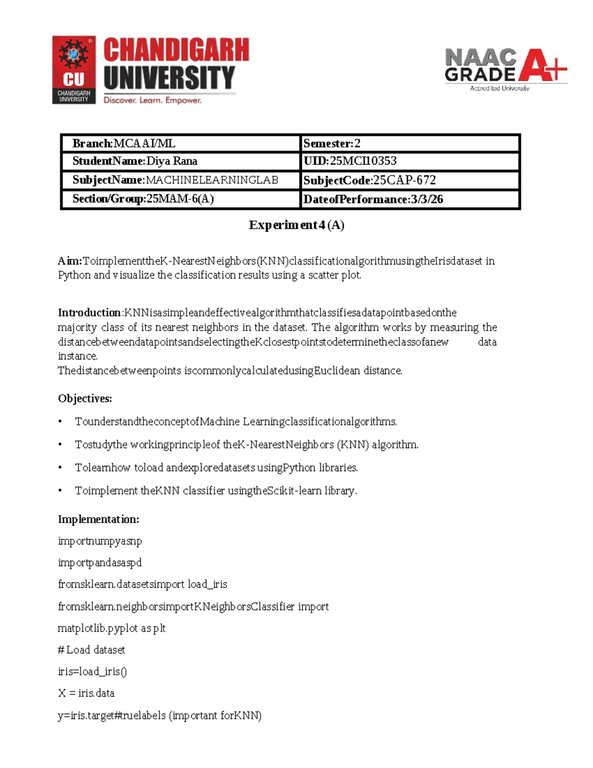 MCI10353: Machine Learning Lab - KNN Classification Experiment 4 - Studocu