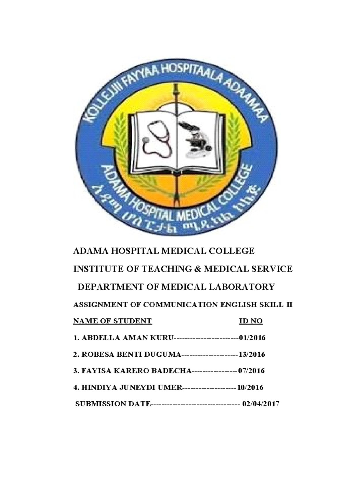 English Skill II Assignment - ADAMA HOSPITAL MEDICAL COLLEGE INSTITUTE ...