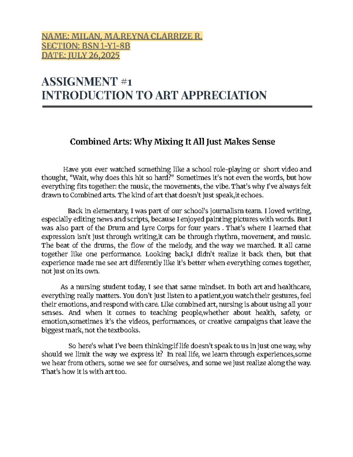 Assignment #1 ARTA: Exploring the Power of Combined Arts in Expression ...