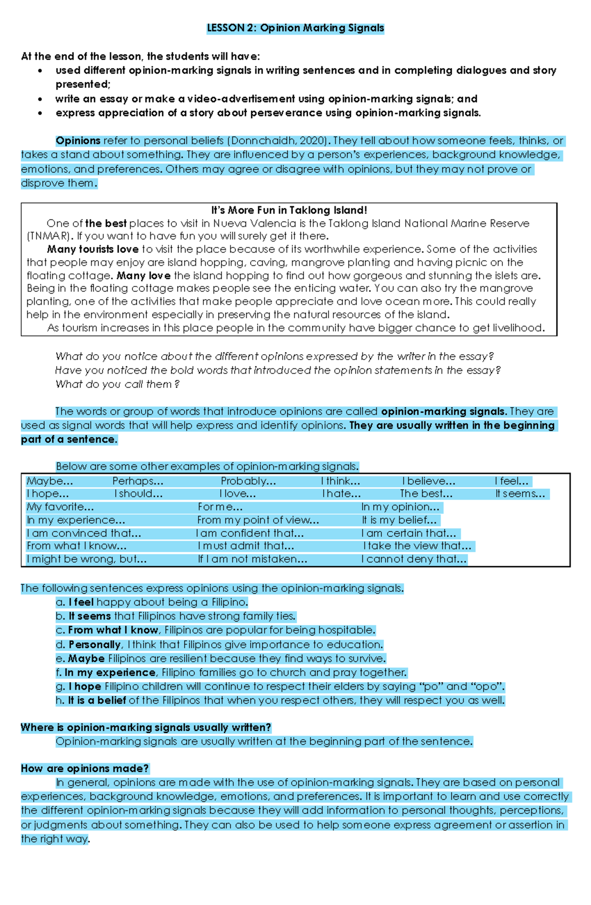 Q2 - Lesson 2: Using Opinion Marking Signals Effectively - Studocu