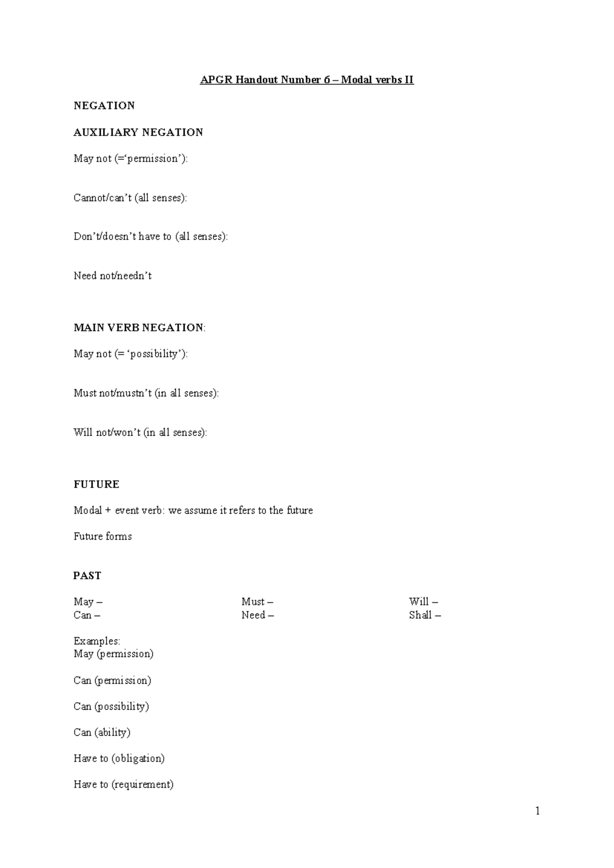 APGR Handout No.6: Modal Verbs II - Negation and Usage - Studocu