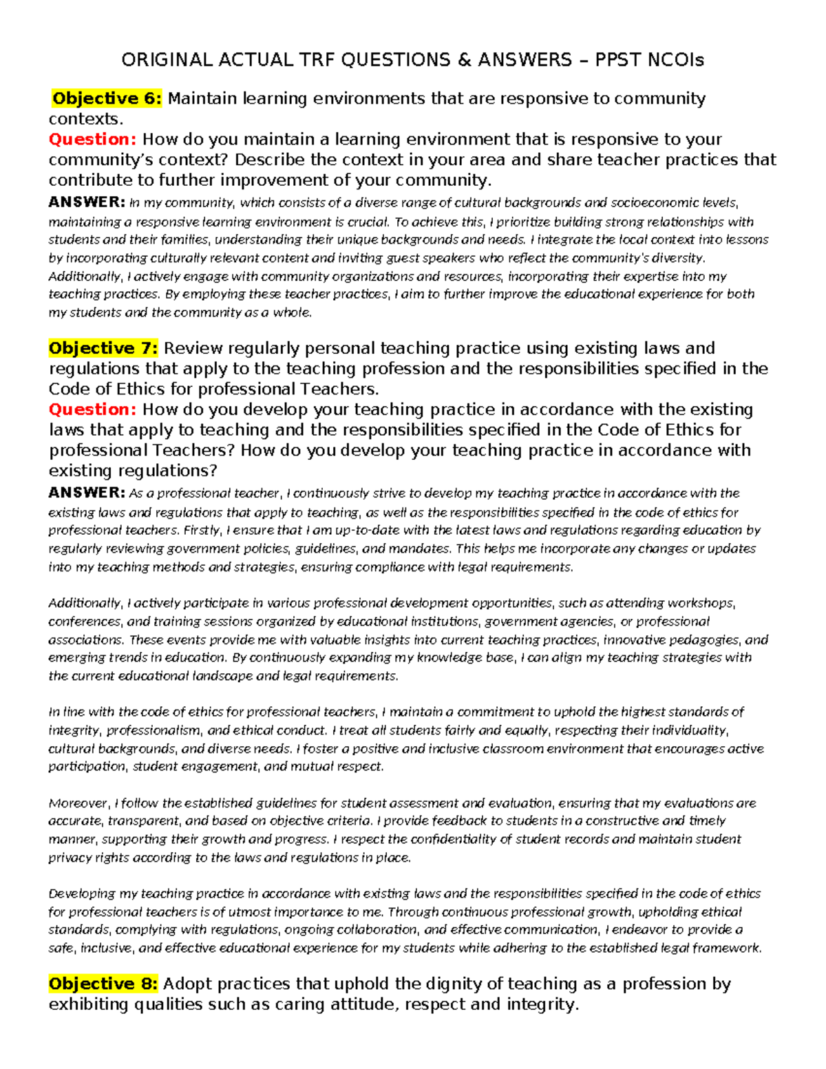 TRF 6-9 - Teacher Reflection Form: Community Responsive Practices - Studocu