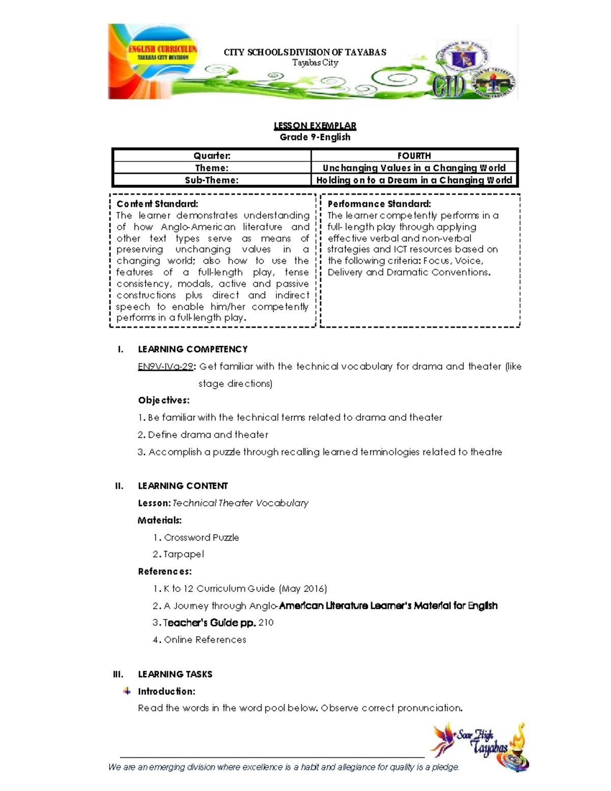 TAYABAS CITY GRADE 4 LESSON EXEMPLAR: Technical Theater Vocabulary ...