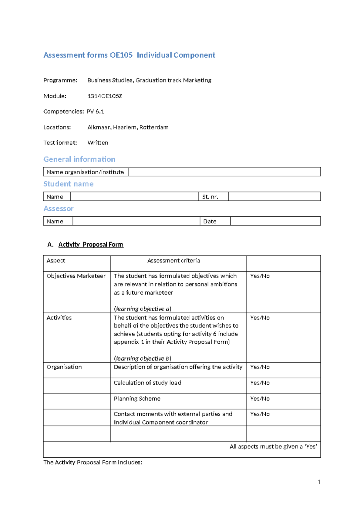 20221233 OE105 Individual Component Assessment Form 2022-23 - Studeersnel