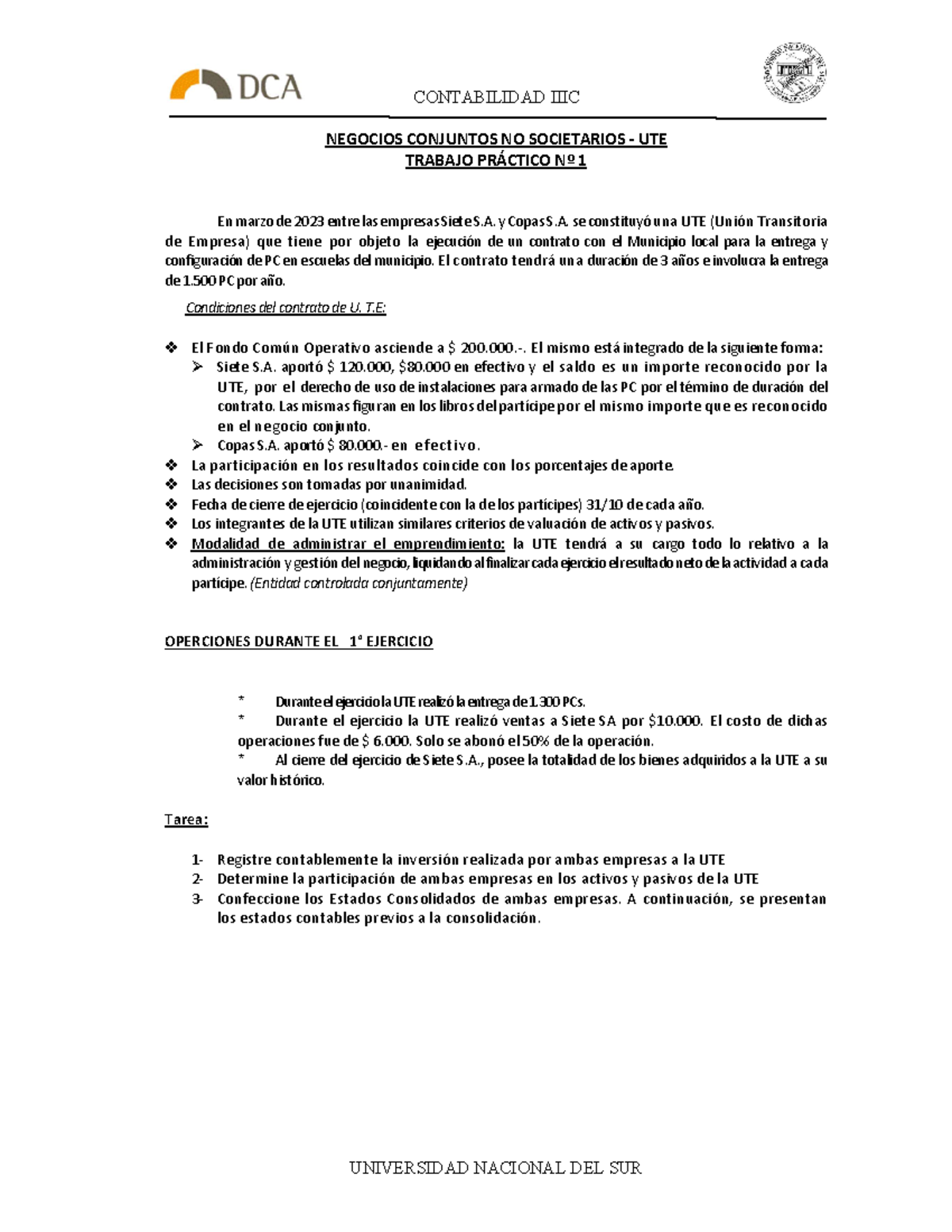 TP 1 Negocios Conjuntos NO Societarios - UTE - Contabilidad III C - Studocu