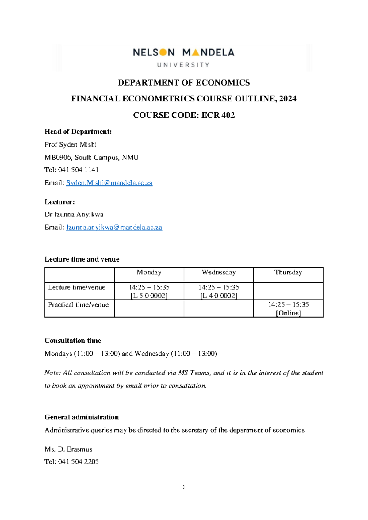 2024 ECR 402 Financial Econometrics Course Outline and Schedule - Studocu