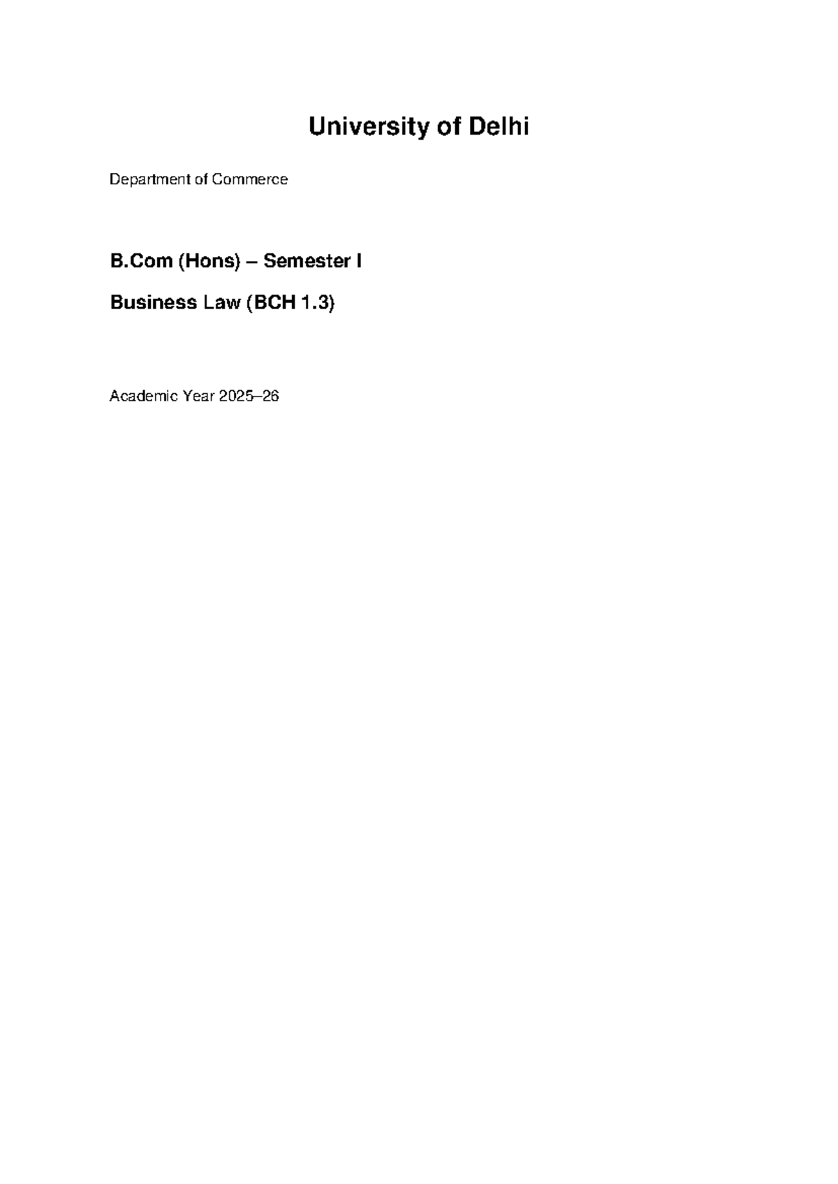 DU B.Com (Hons) Sem I Business Law Course Overview 2025 - Studocu