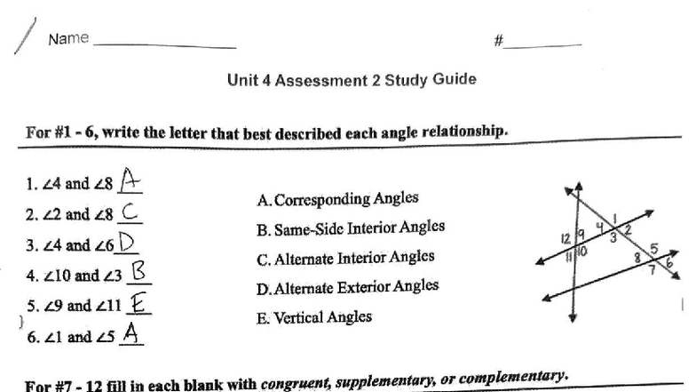 Key Unit 4 Assessment 2 Study Guide: Angle Relationships - Studocu