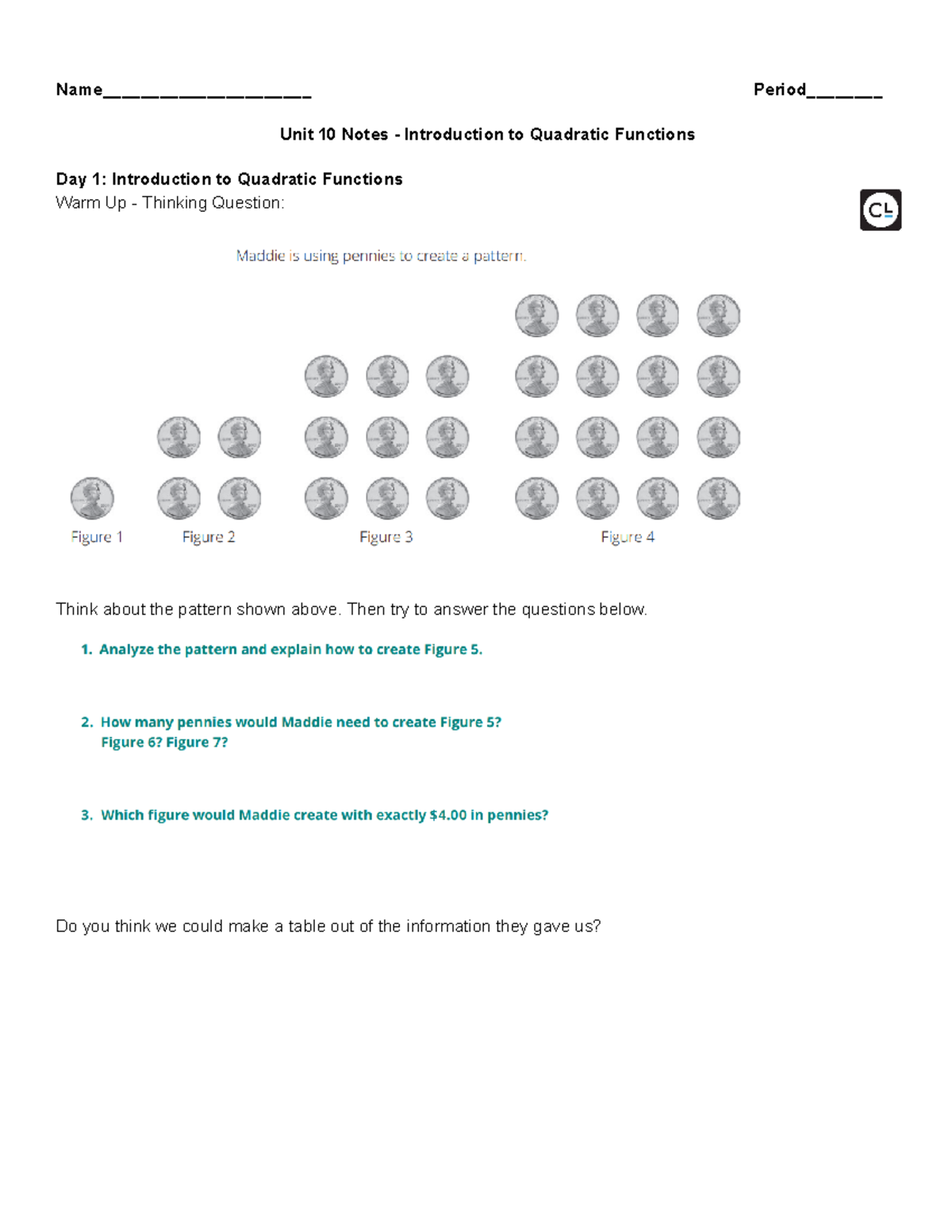 unit 10 - quadratic functions notes - Name______________________ Period ...