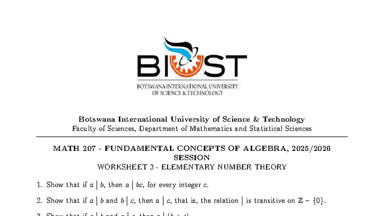 MATH 207 Worksheet 3 - Elementary Number Theory Concepts - Studocu