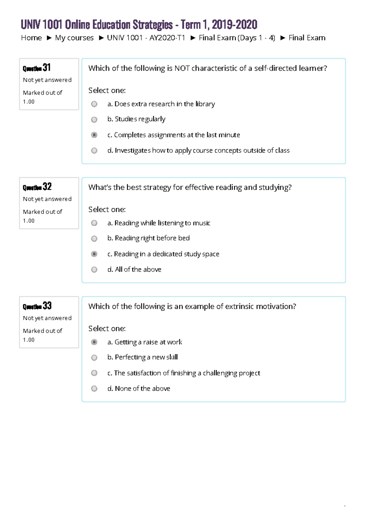 Final Exam UNIV1001 - / Home My courses UNIV 1001 - AY2020-T1 Final ...