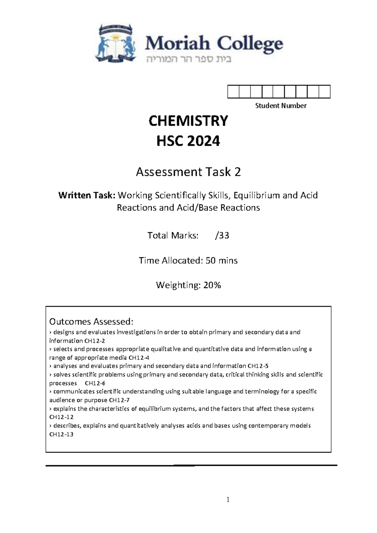 CHEMISTRY HSC 2024 Assessment Task 2: Equilibrium & Acid Reactions ...