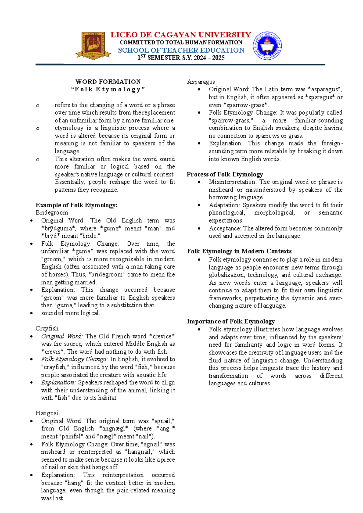 Folk Etymology Notes & Quiz - S.Y. 2024-2025 - Studocu