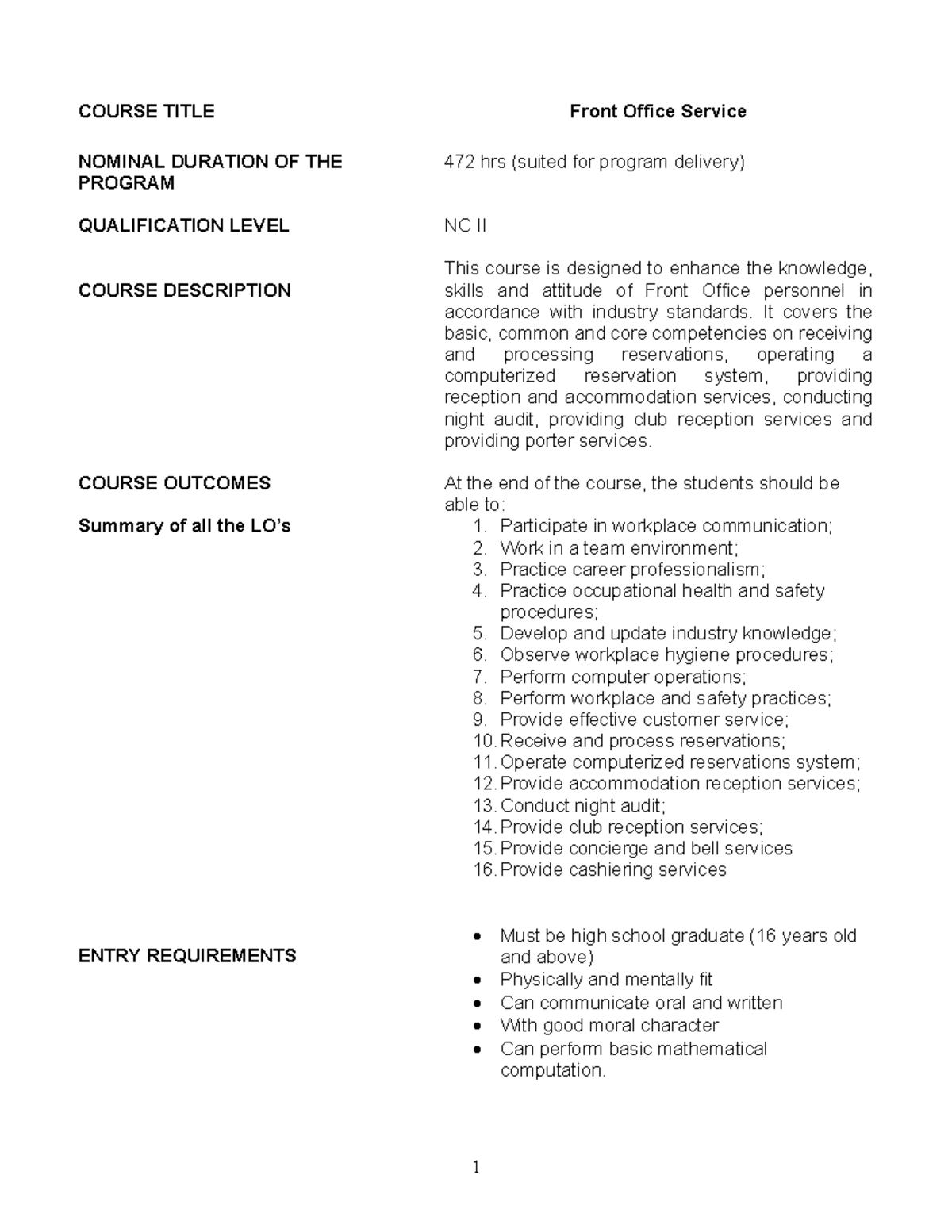 Front Office Service NC II Course Overview and Competencies - Studocu