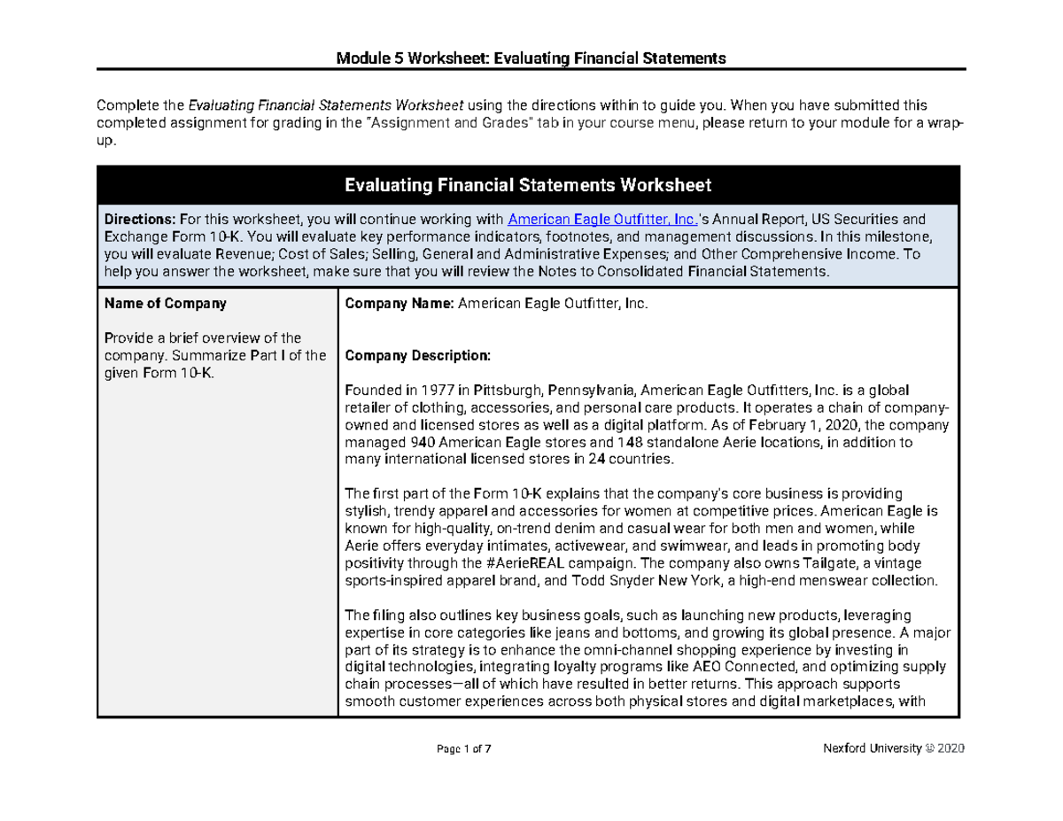 Module 5 Worksheet: Evaluating Financial Statements Analysis - Studocu