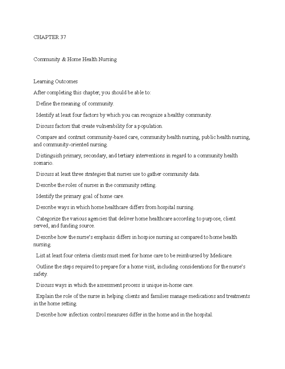 CHAPTER 37 Community Home Health Nursing: Learning Outcomes & Key Concepts - Studocu