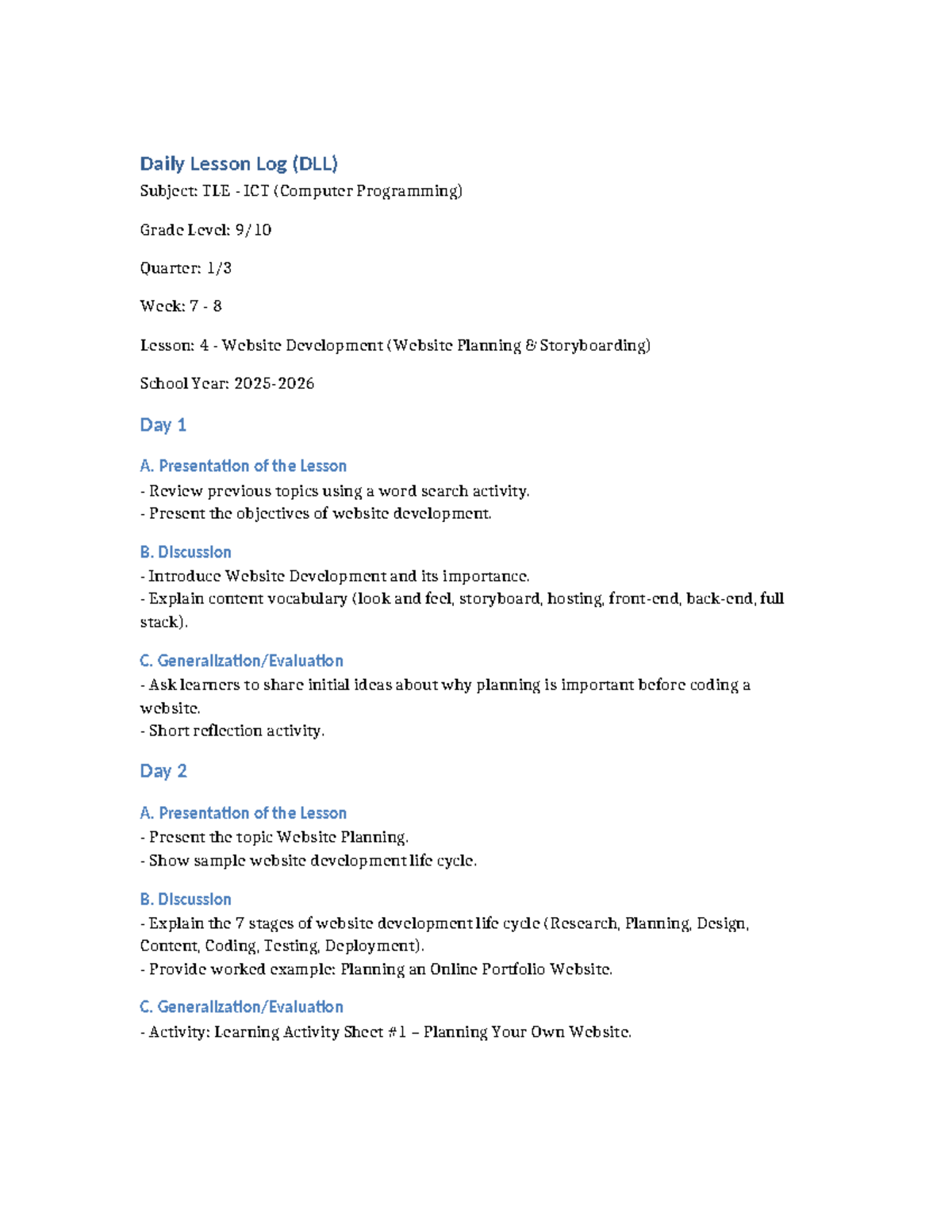 Daily Lesson Log (DLL) TLE ICT: Website Development Week 7-8 - Studocu
