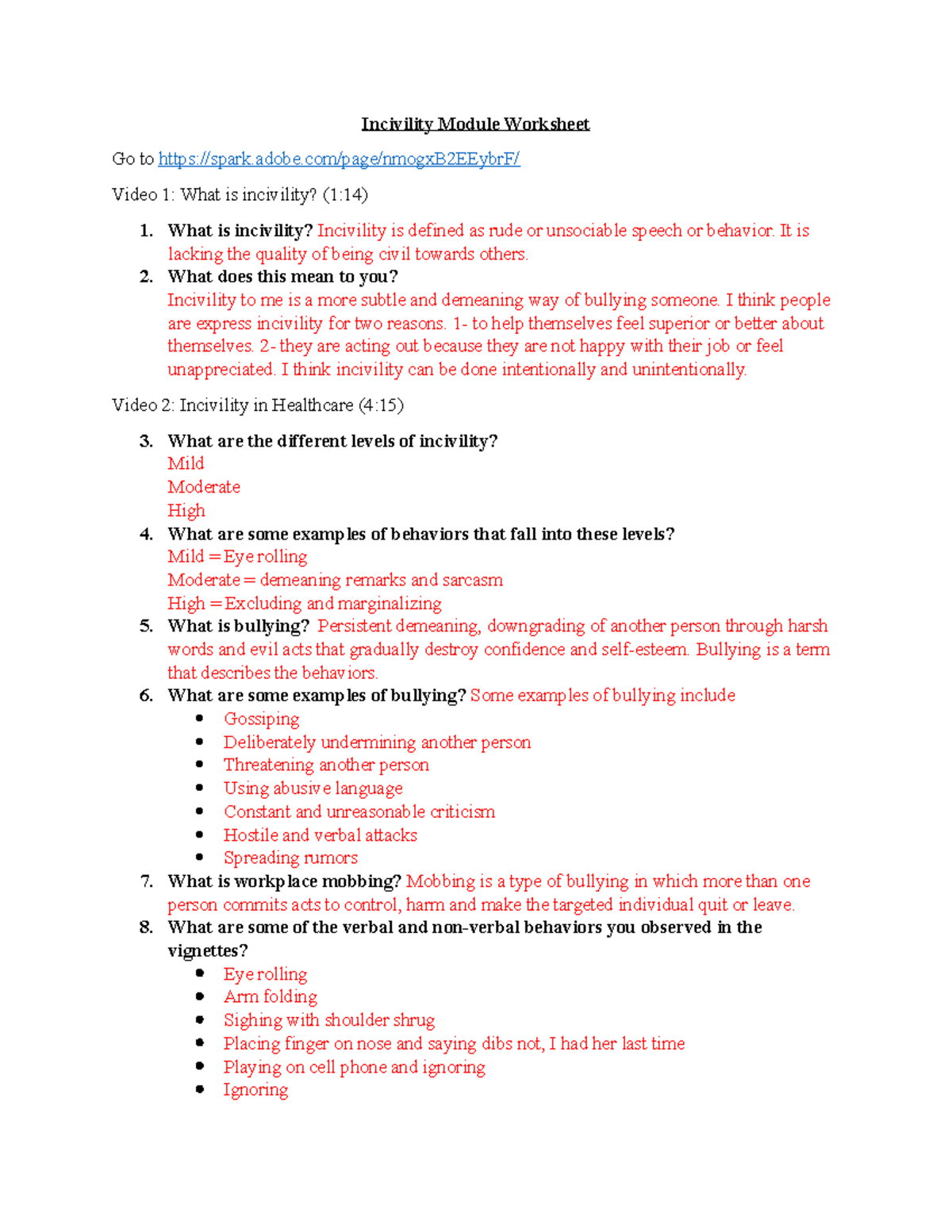 Incivility Worksheet Summary - Week 6 Insights for Nursing Practice ...