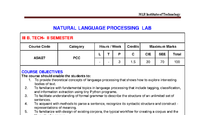 Natural Language Processing Lab (A5AI27) - B.II Semester - Studocu