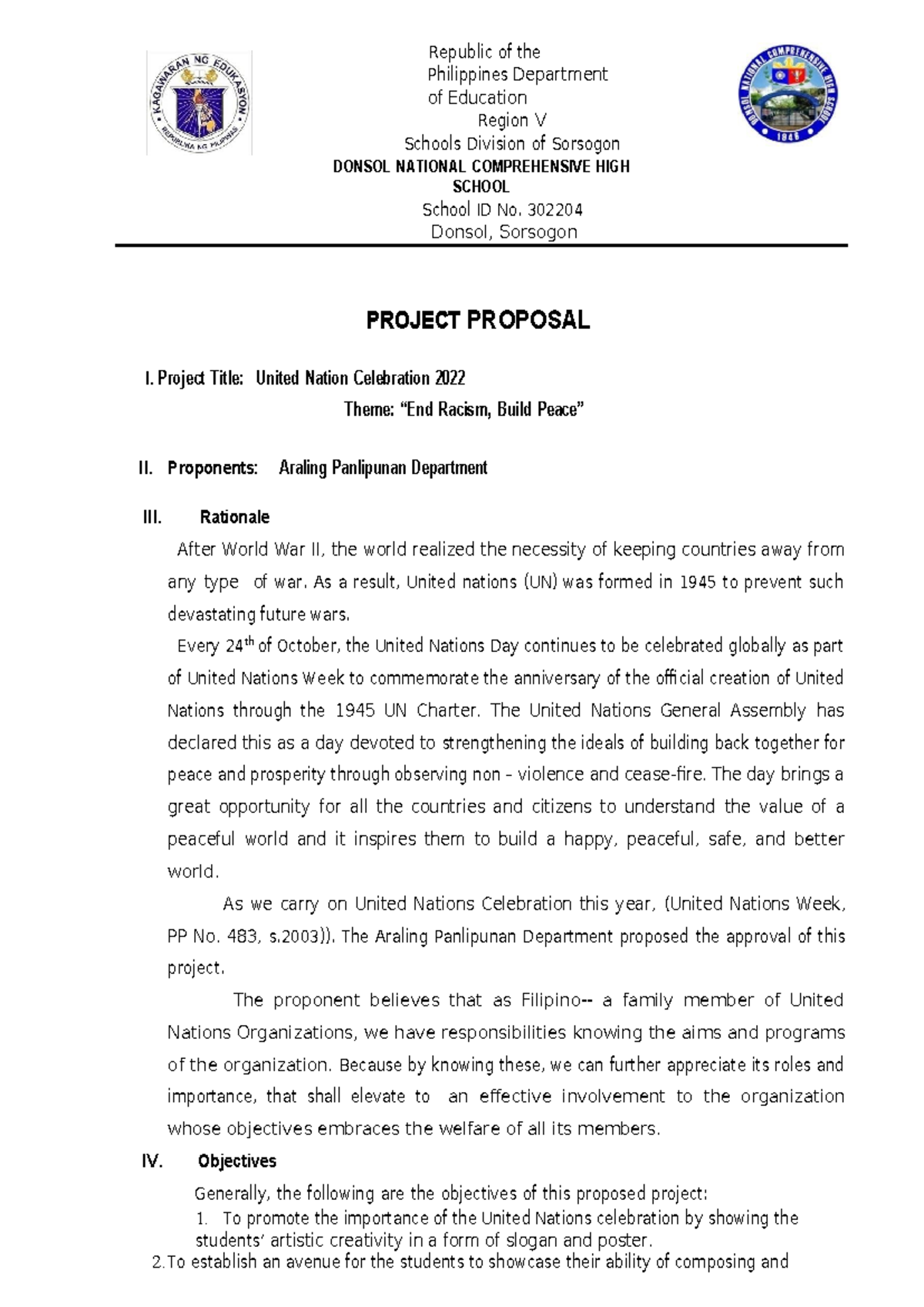 Proposal for United Nations Celebration 2022-2023 at DNCHS - Studocu