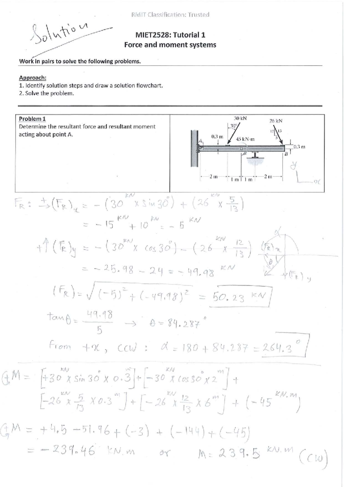 MIET2528: Tutorial 1 Solutions for Force and Moment Systems - Studocu