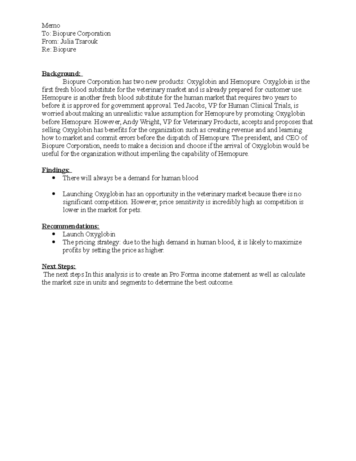 Biopure Case Analysis: Oxyglobin vs. Hemopure Strategy - HW Assignment ...