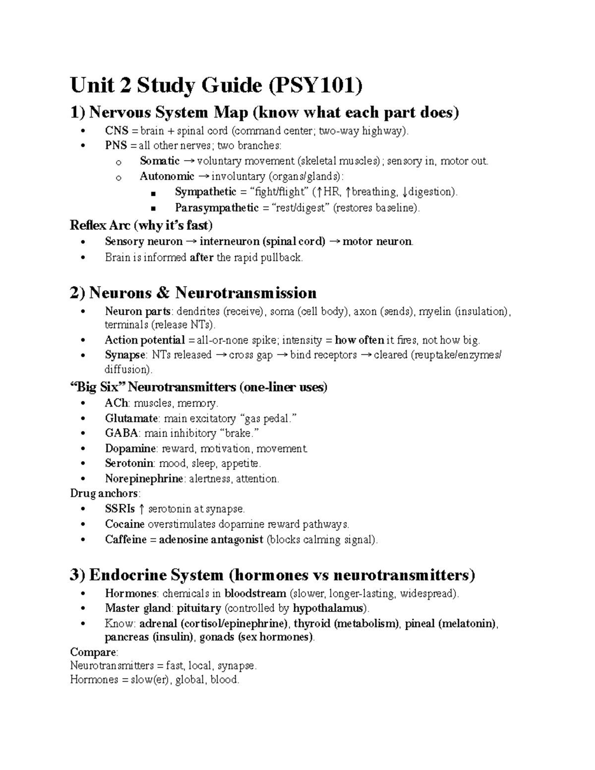 Unit 2 Study Guide (PSY101): Nervous & Endocrine Systems Overview - Studocu