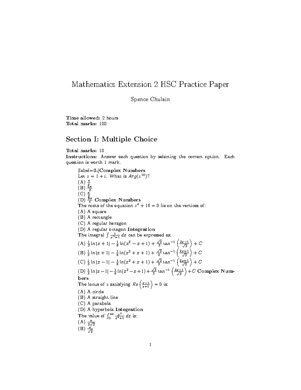 Extension 2 task 2 2 - practice task - Mathematics Extension 2 HSC ...
