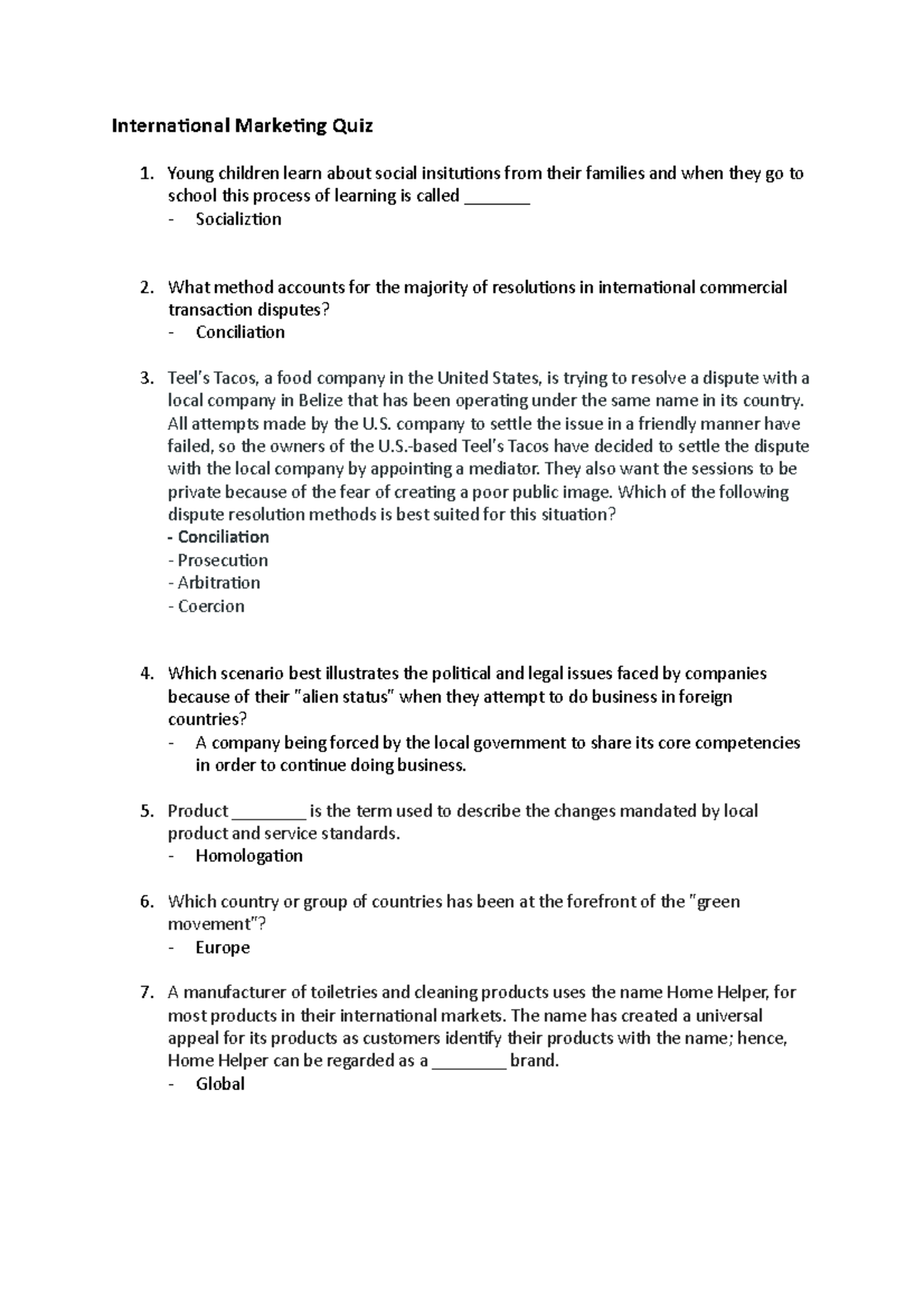 INTMKT 101: International Marketing Quiz Questions and Answers - Studocu