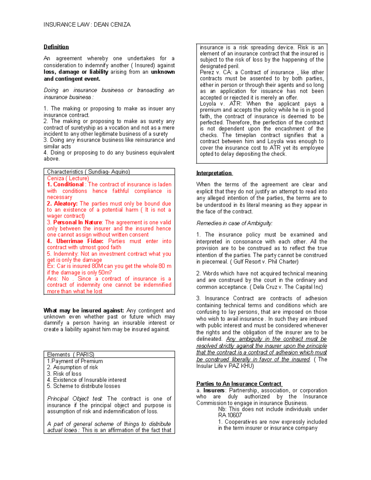 Insurance Law Notes: Key Concepts and Case Studies (CENIZA) - Studocu