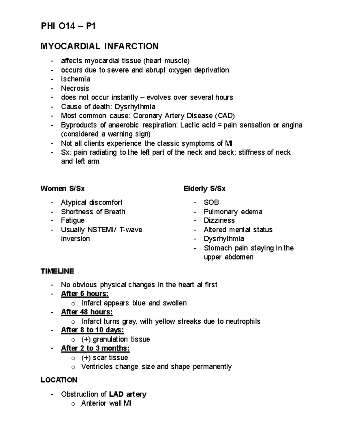 PHI O14 P1 Myocardial Infarction & Heart Failure Overview Notes - Studocu