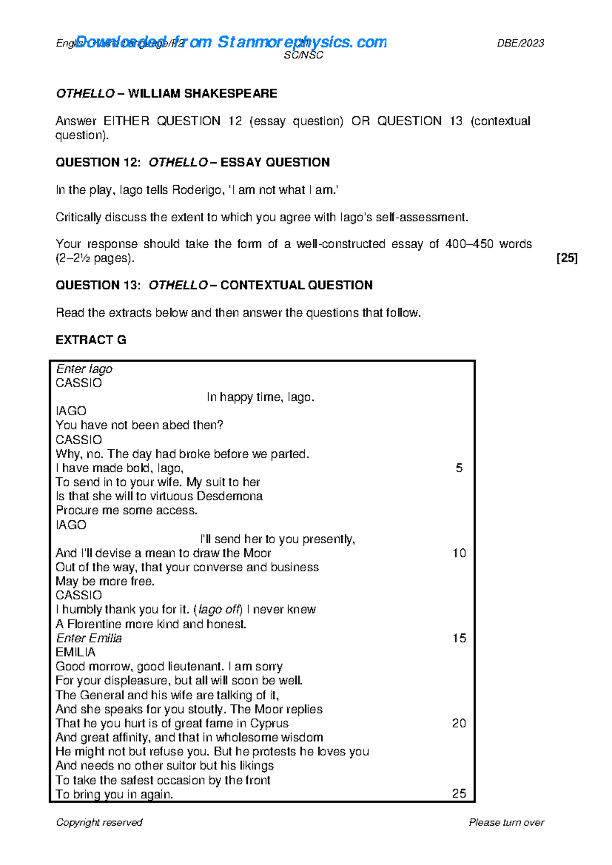 Othello Extracts & Questions - SC/NSC Essay & Contextual Analysis - Studocu