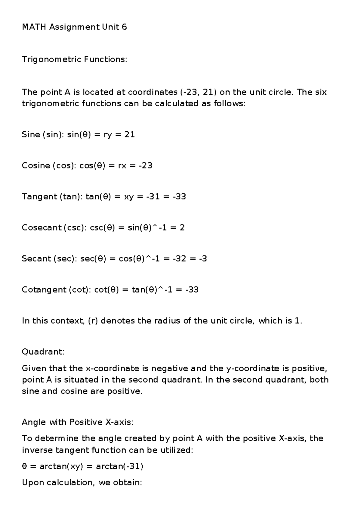 MATH Assignment Unit 6: Solving Trigonometric Functions and Angles ...