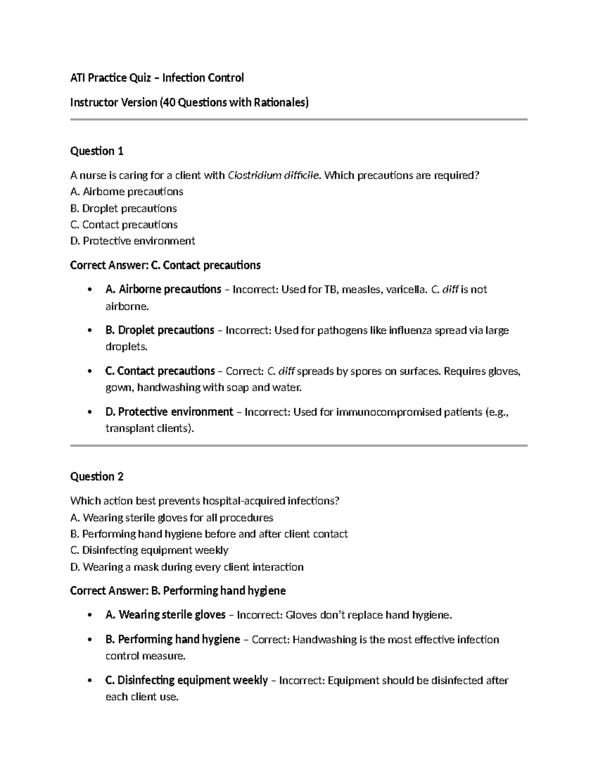 ATI Practice Quiz 2: Infection Control (40 Questions with Rationales ...