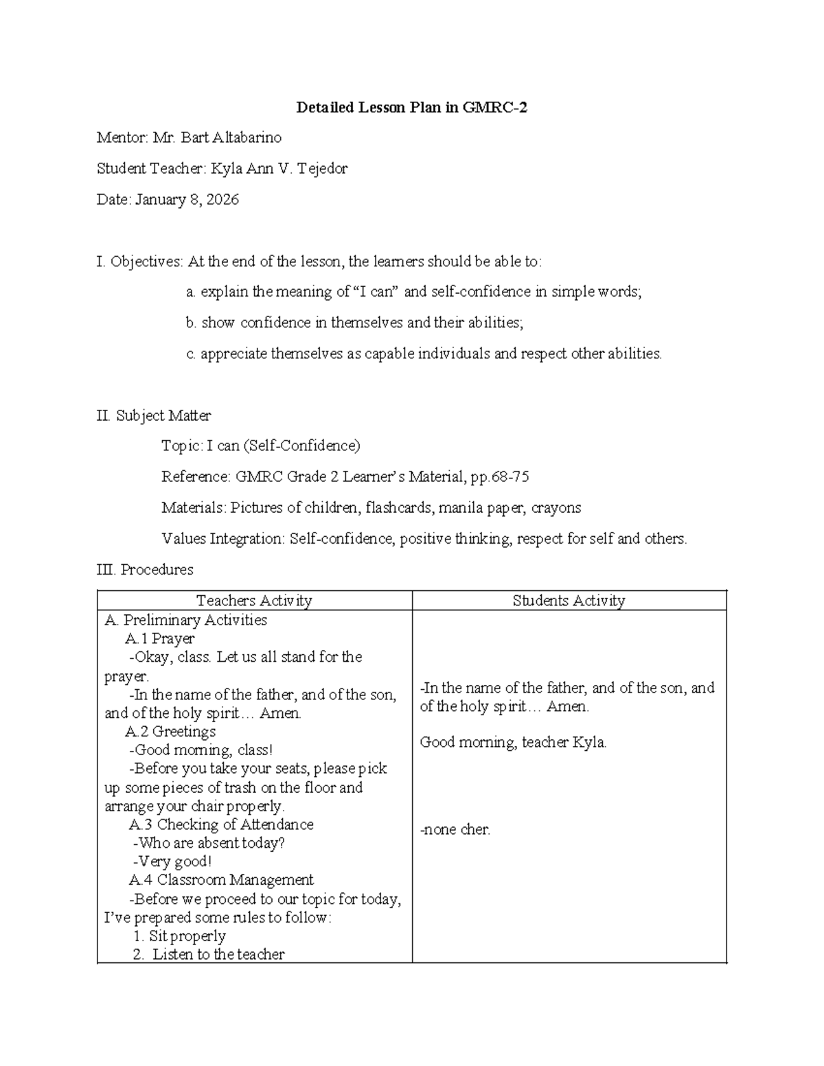 GMRC 2 Detailed Lesson Plan: Building Confidence & Respect - Studocu