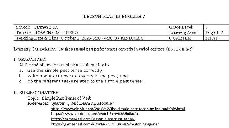 LESSON PLAN: SIMPLE PAST TENSE IN ENGLISH 7 (Quarter 1) - Studocu