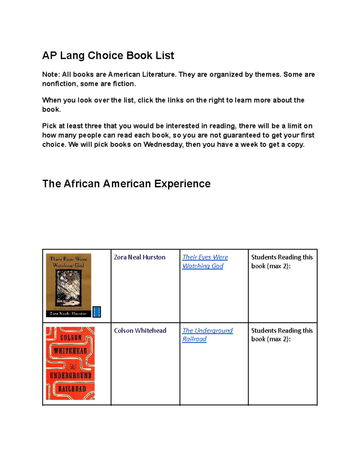 AP Lang Choice Book List: American Literature Selections - Studocu