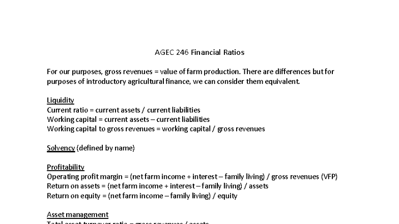 Financial Ratios Analysis for AGEC 246: Key Metrics Explained - Studocu