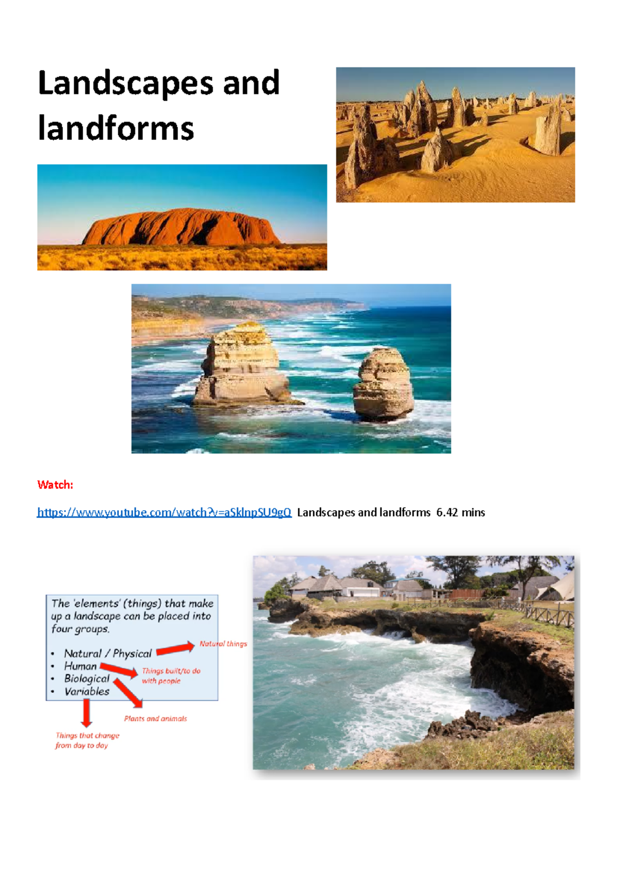Landscapes Worksheet - Landscapes and landforms Watch: h ps:youtube ...