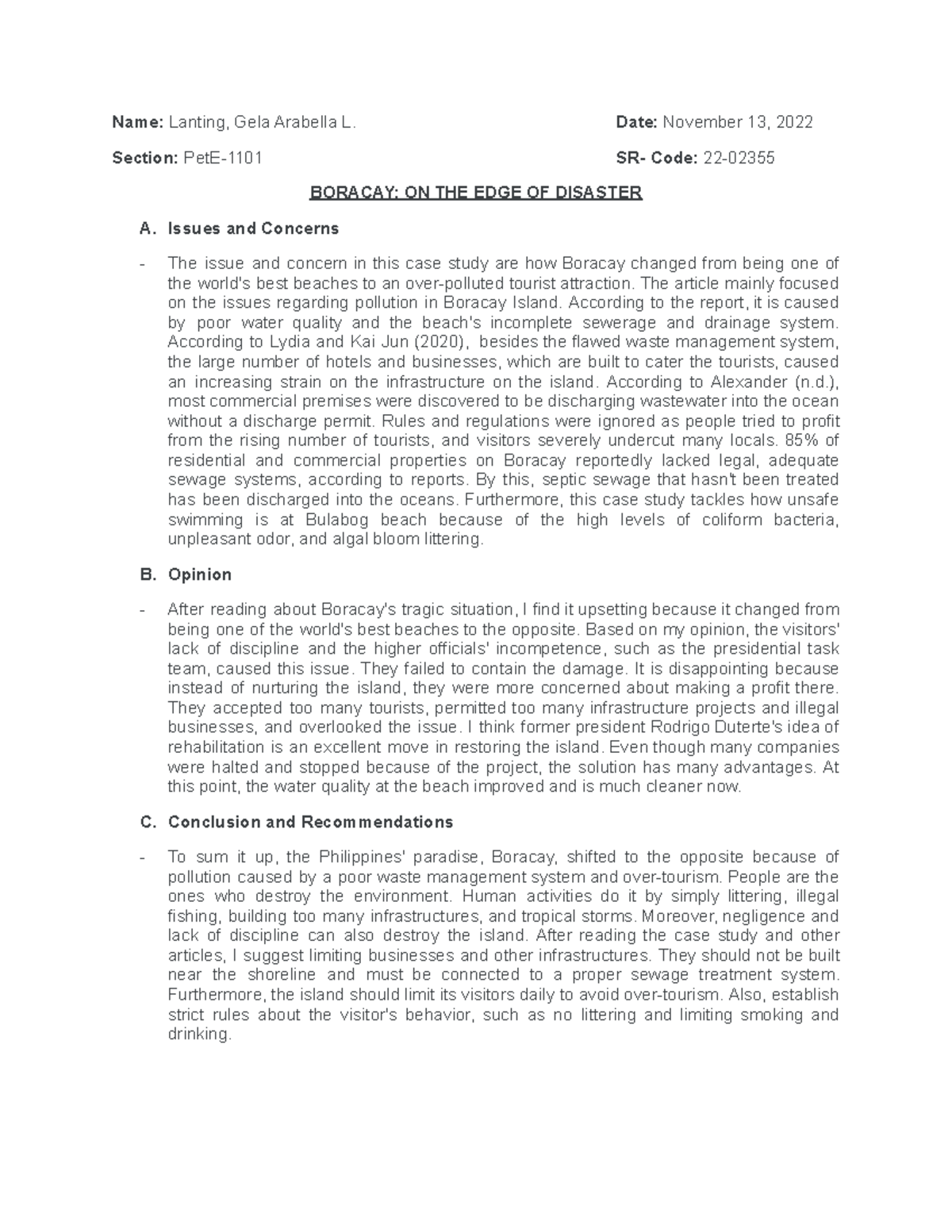 PetE-1101 Case Study: Environmental Issues and Solutions in Boracay ...
